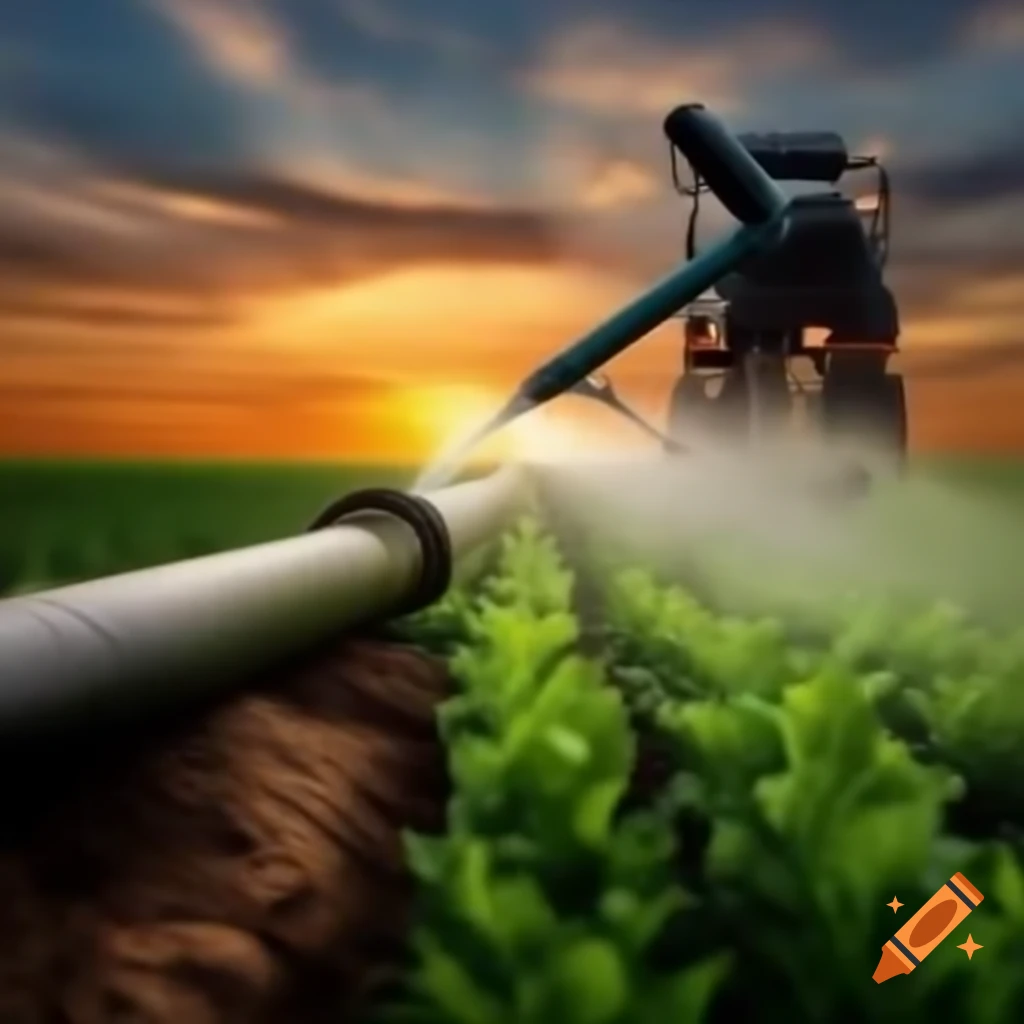 Farmer managing leaking irrigation system at sunset on Craiyon