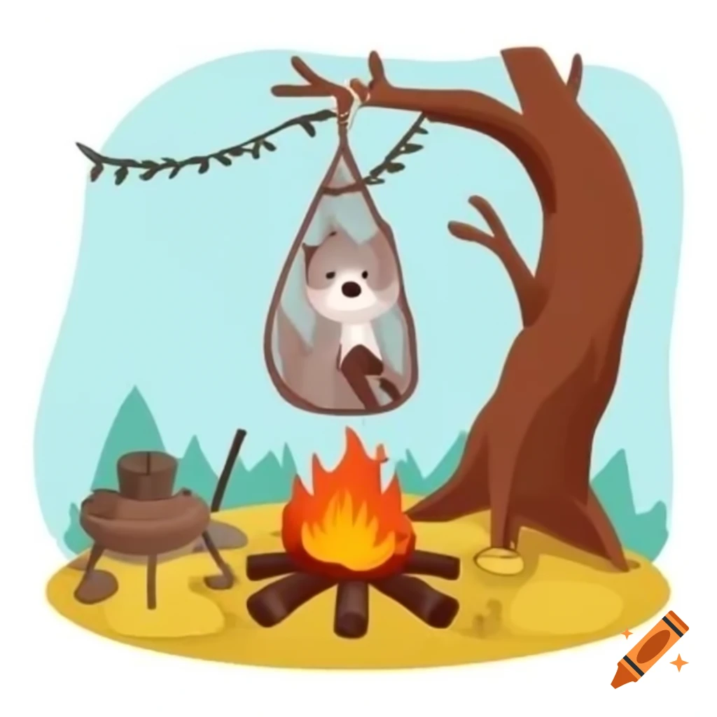 Cartoon wolf trapped in net above campfire with hunters nearby on Craiyon