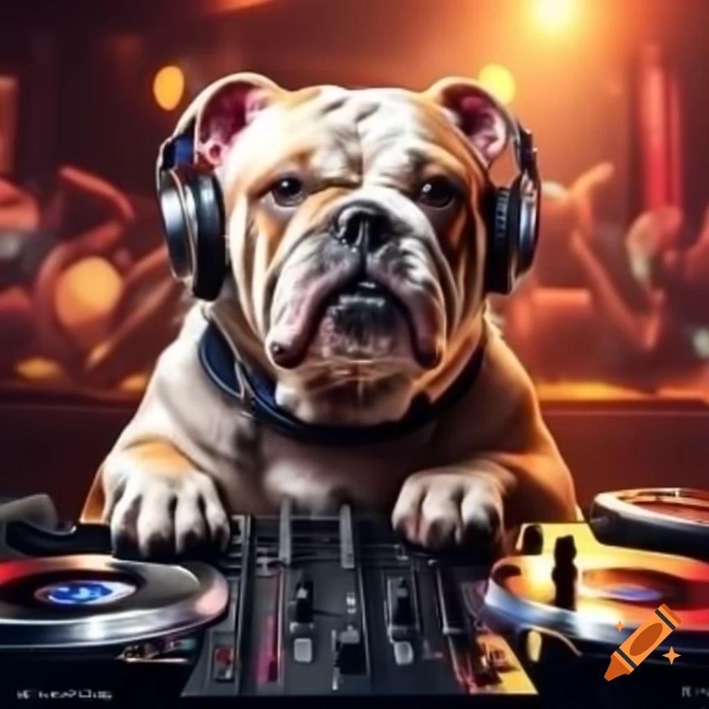 Bulldog wearing headphones and mixing at DJ booth with cream zesty ...