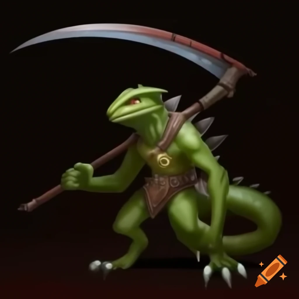 Reptilian humanoid creature with scythe arm in a dynamic pose on Craiyon