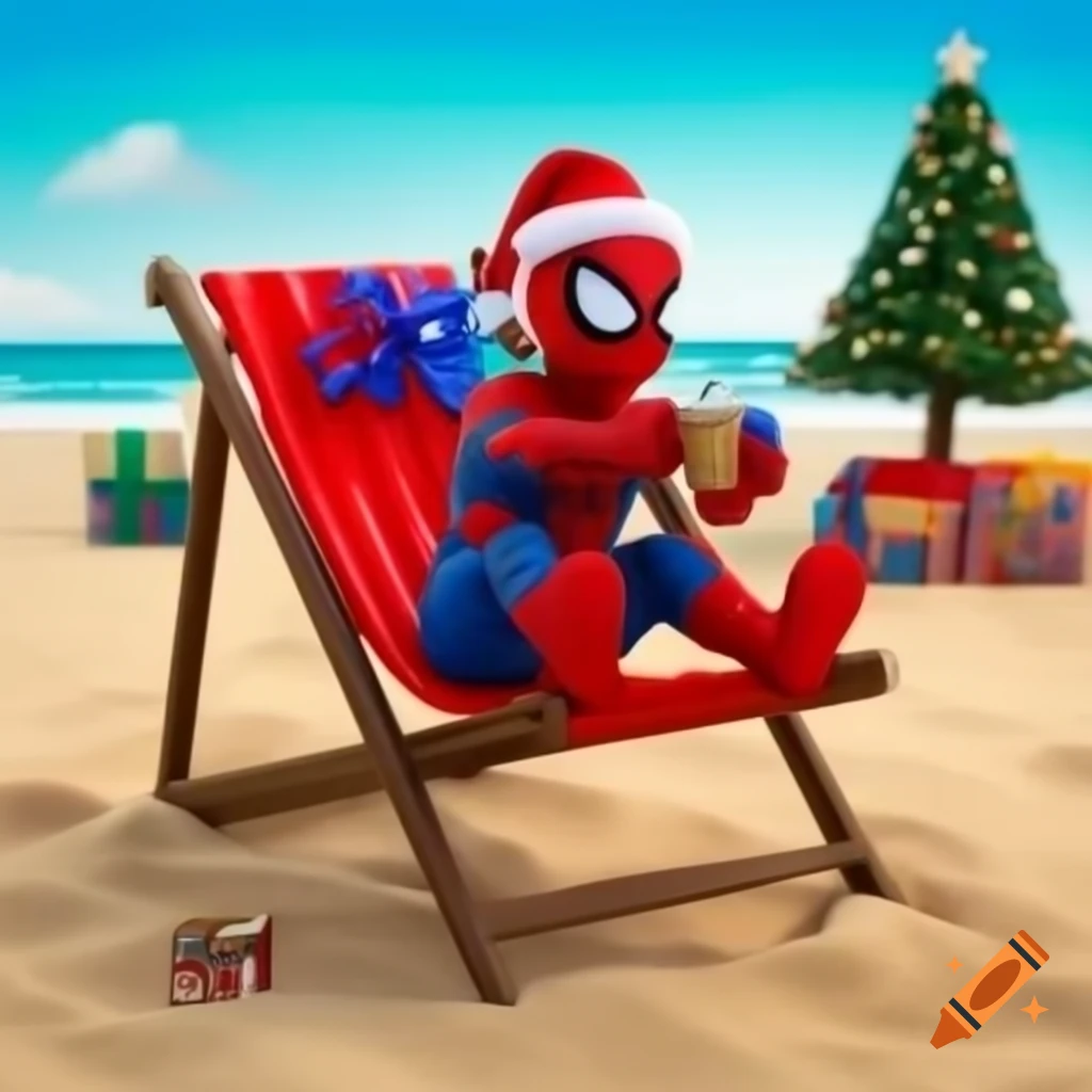 Spiderman relaxing in deck chair on beach with cocktail and santa hat christmas tree in background on Craiyon