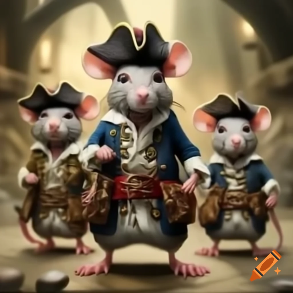 Three pirate-themed mean rats illustrated with accessories on Craiyon