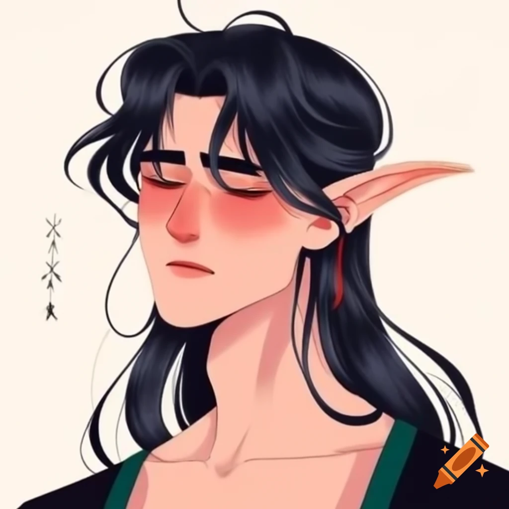 Young asian elf man with scales, black hair, and wings gazing pensively ...