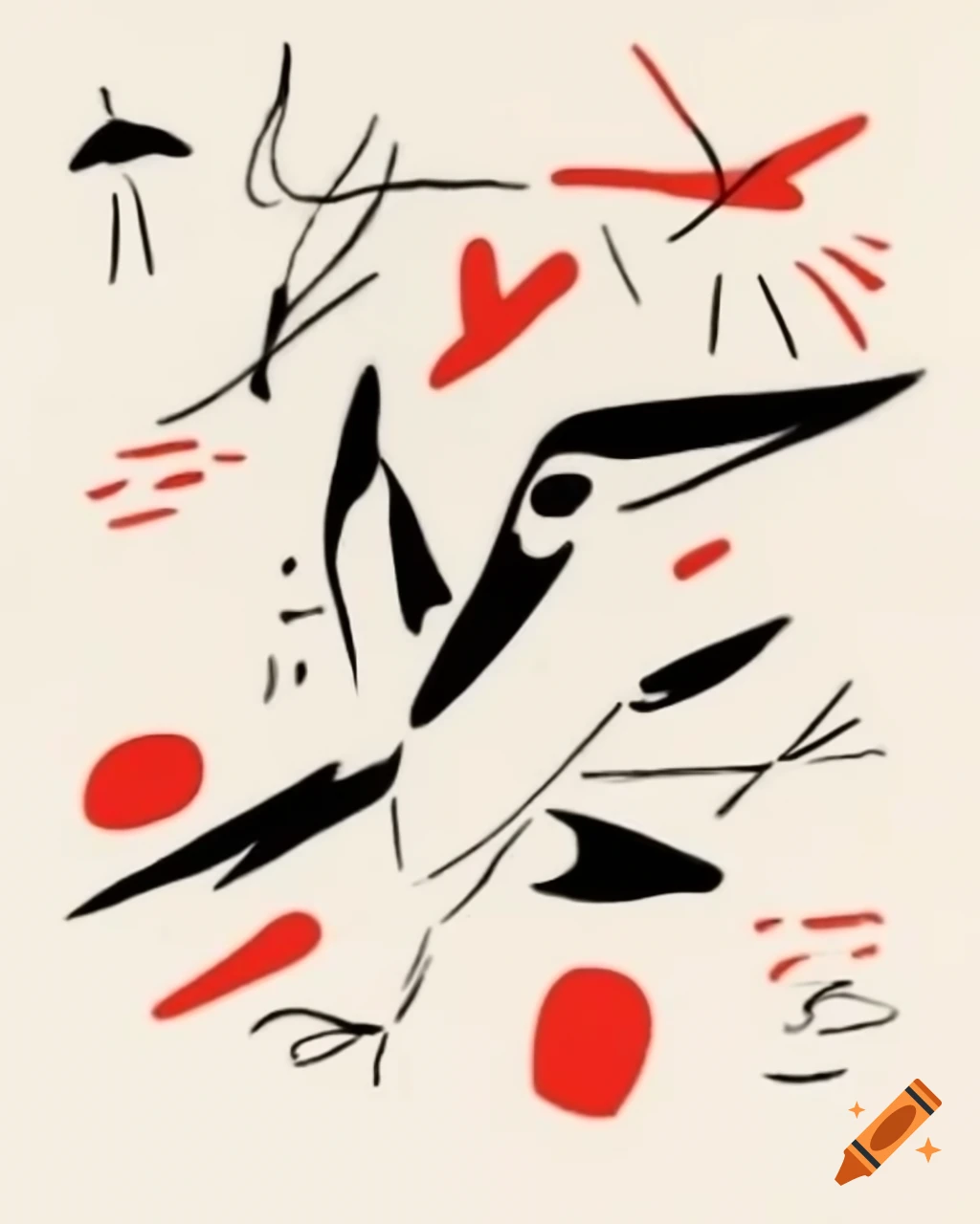 Abstract representation of a bird with dramatic shapes in red and black ...