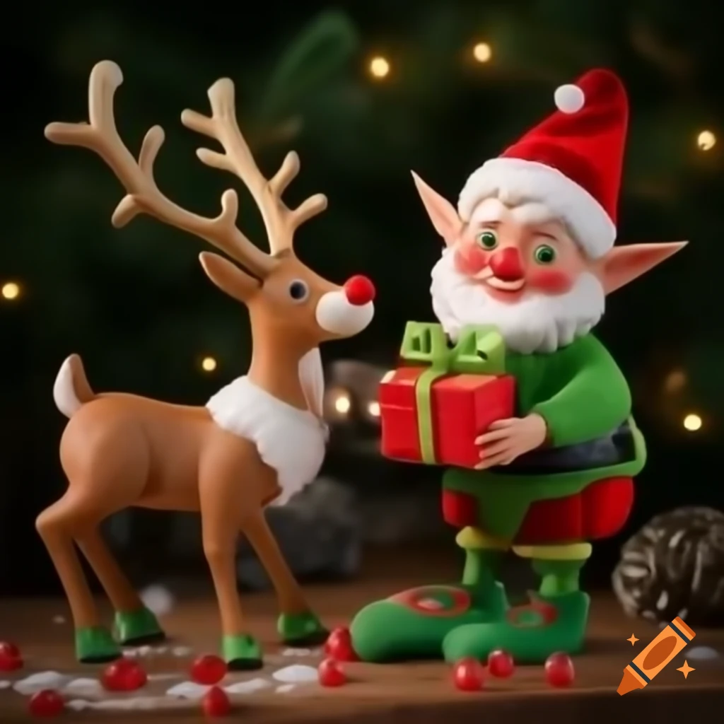 Elf and santa feeding reindeer with presents on Craiyon