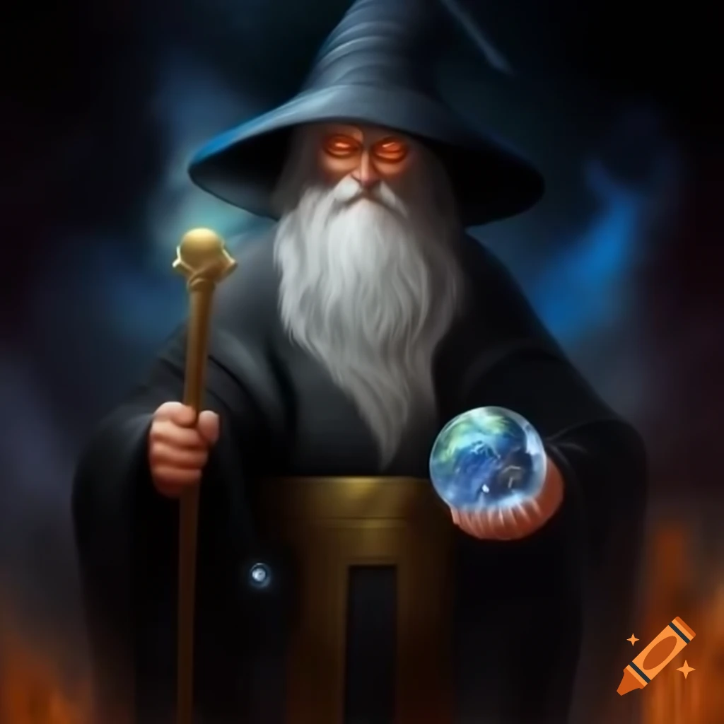 Wizard gazing into crystal ball reflecting Earth, surrounded by stars ...