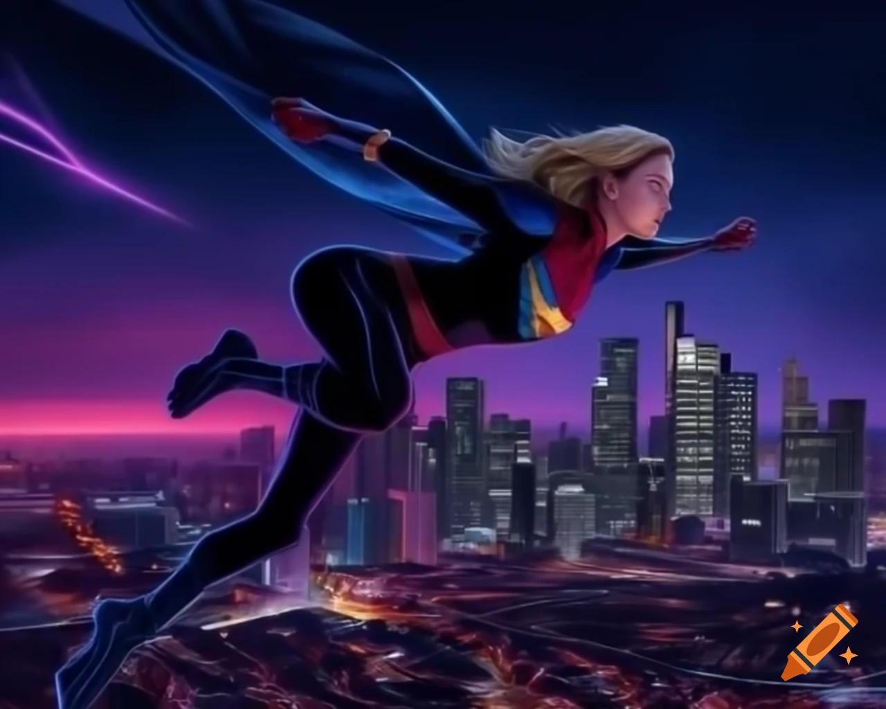 Female Marvel superhero flying over Frankfurt skyline at night on Craiyon