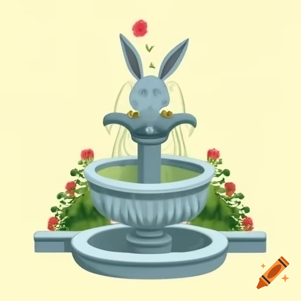 Whimsical stone fountain with playful rabbit sculpture in rose garden ...