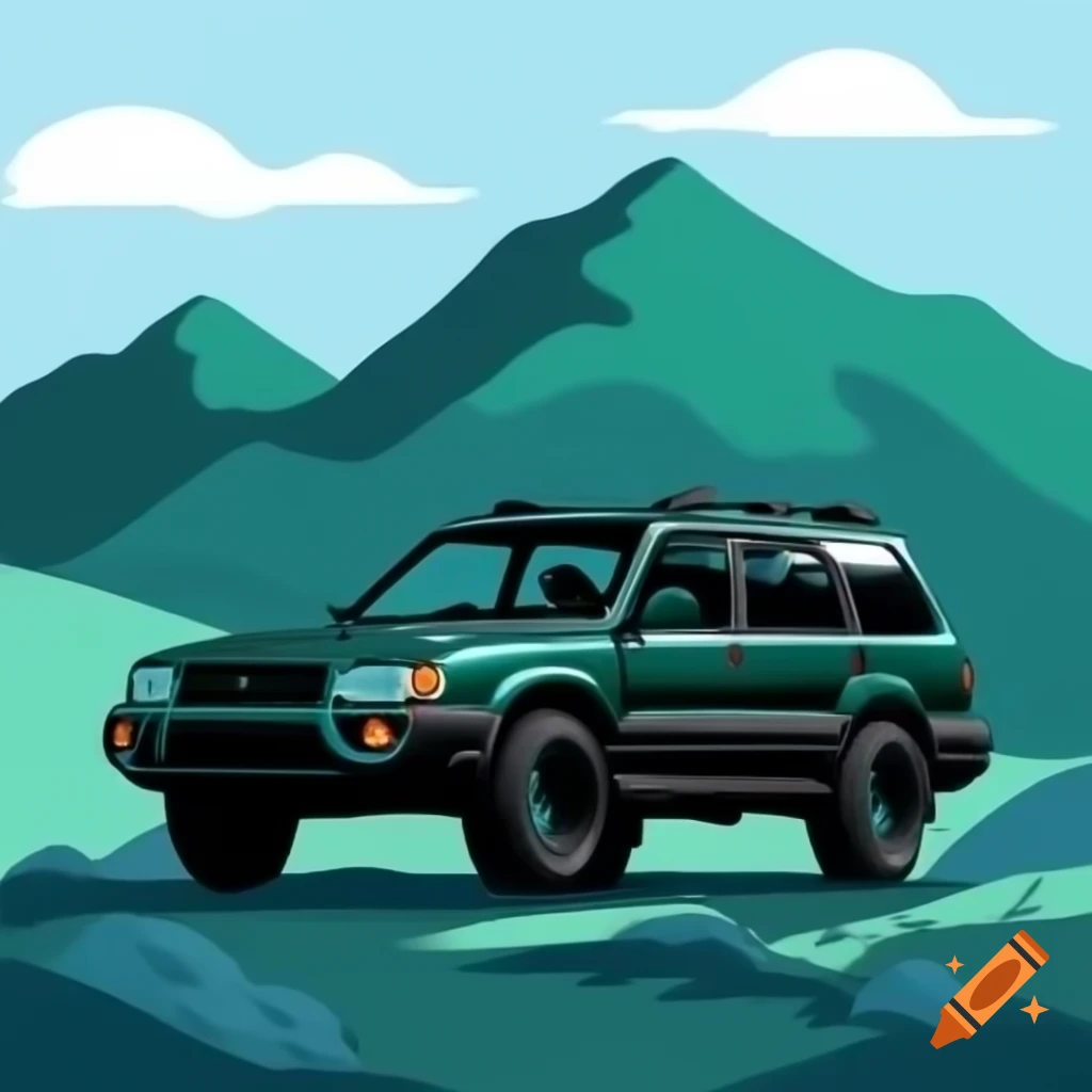 Stylized drawing of dark green Subaru Forester in front of mountains on ...