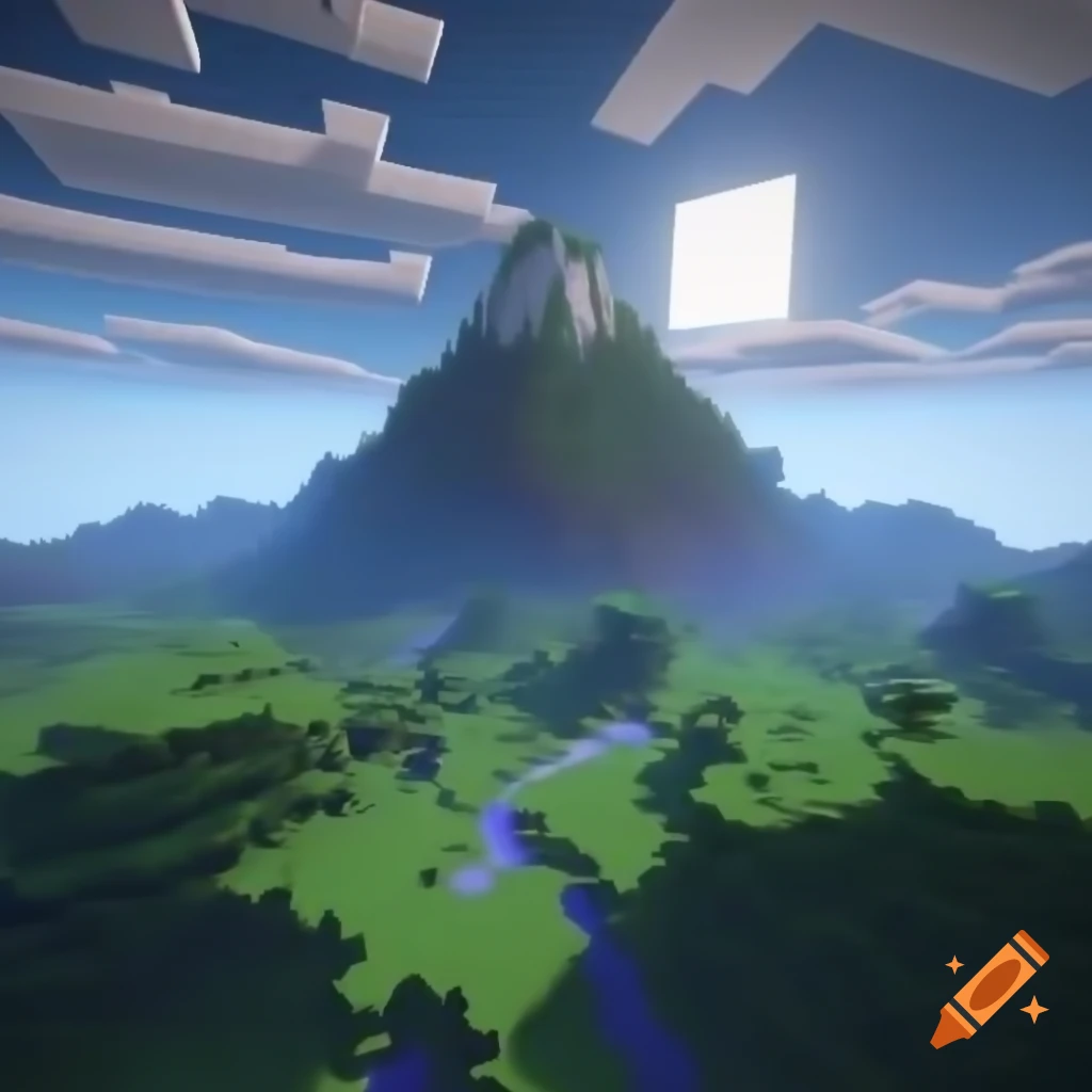 Minecraft landscape with sunrise casting rays over the horizon on Craiyon