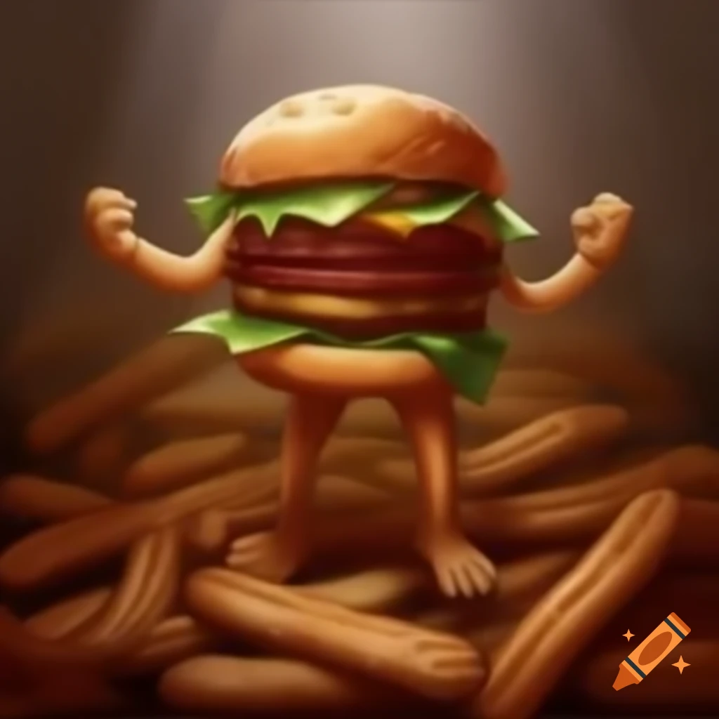 Anthropomorphic cheeseburger standing over fallen churros in a playful ...