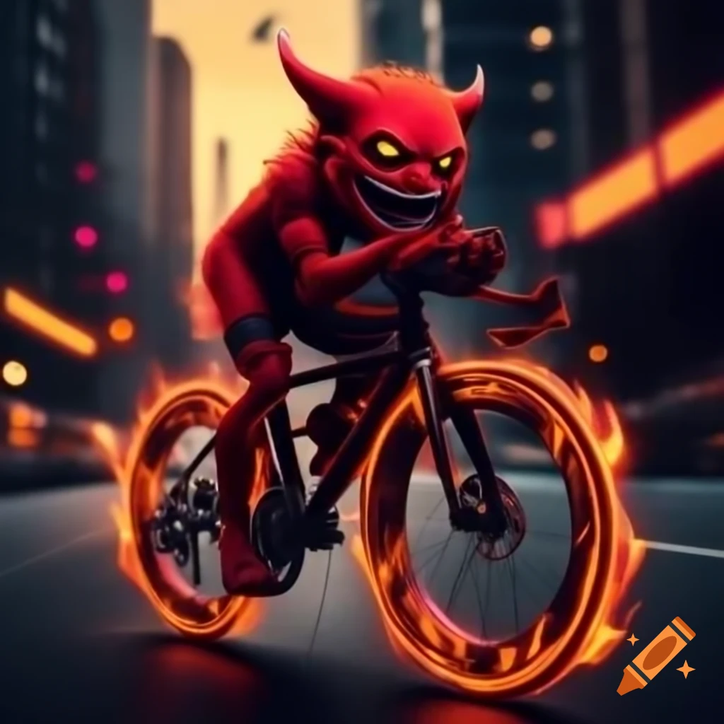 Red demon riding carbon road bike in neon city with flames at sunset on ...