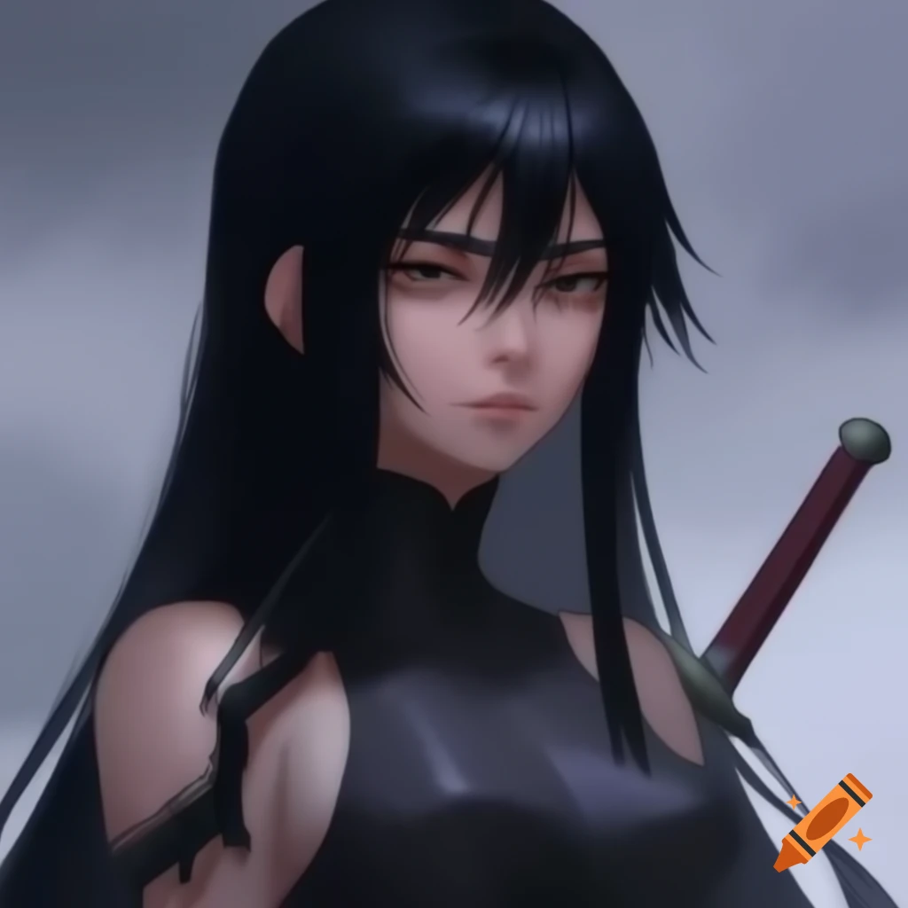 Slender anime character with long black hair and swords on her back on ...
