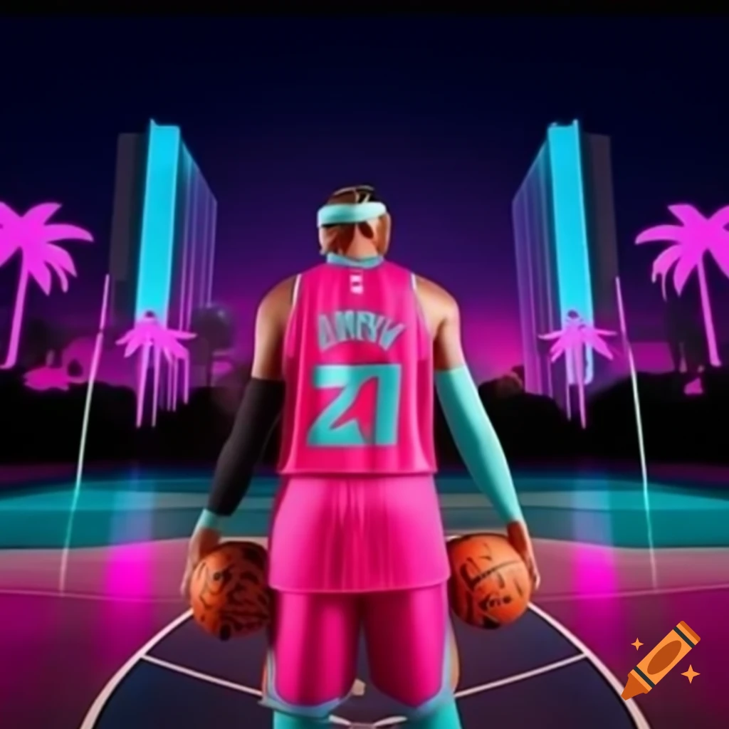 Character in miami vice-style basketball jersey with vibrant colors on ...