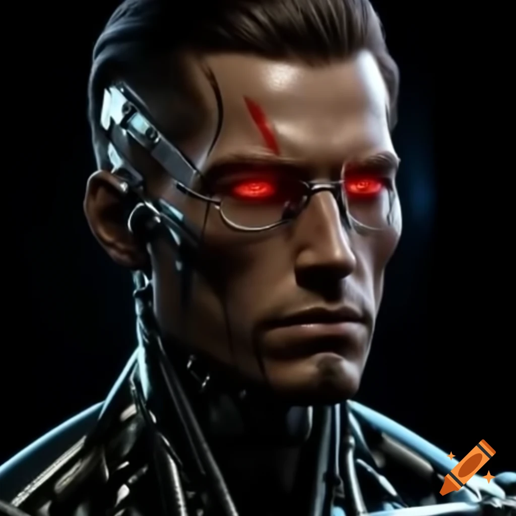 Close-up of cyborg's face with dark metallic skin and glasses on Craiyon