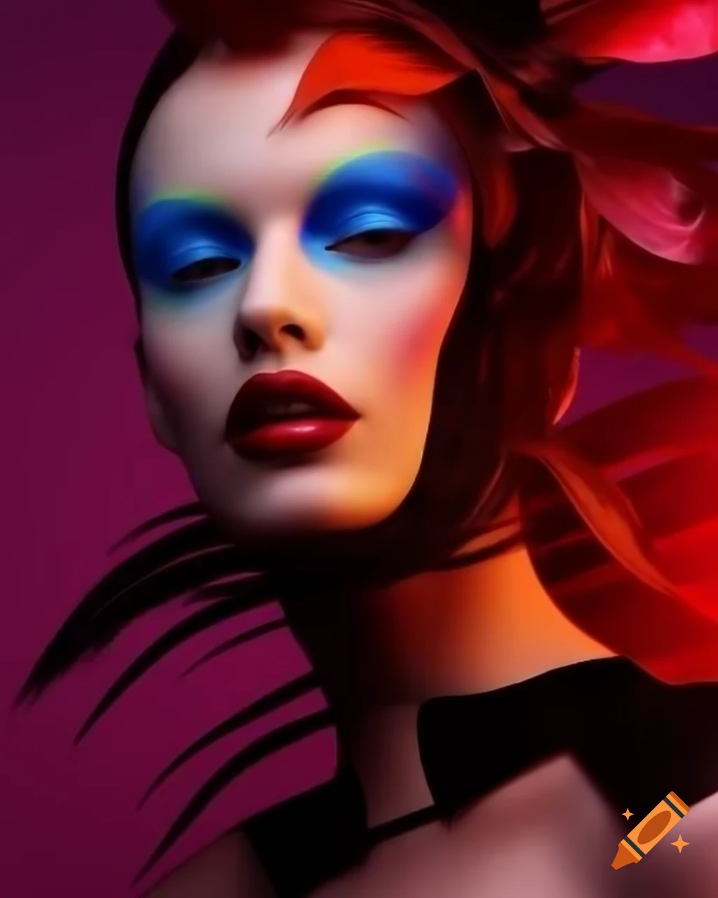 Ethereal european supermodel in avant-garde attire against vibrant ...