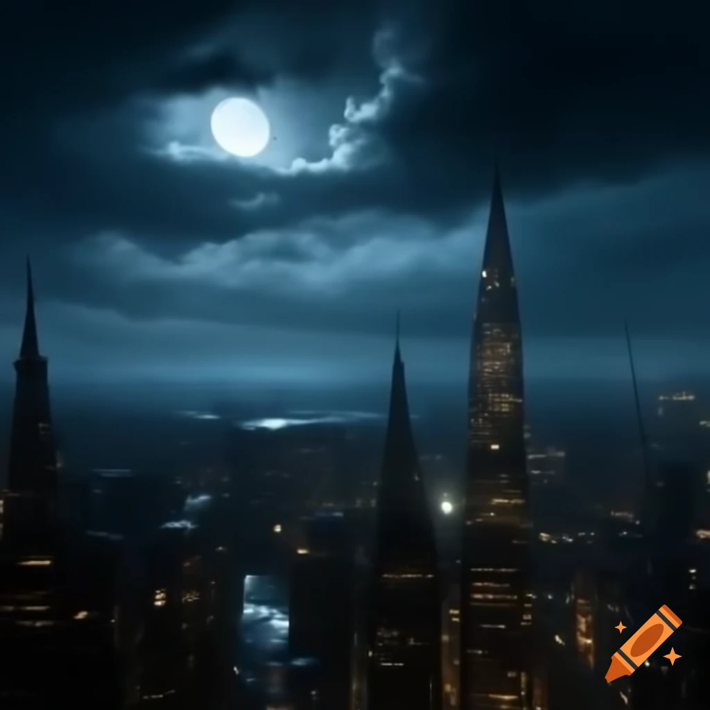 Moonlit cityscape with towering buildings under rainy sky on Craiyon
