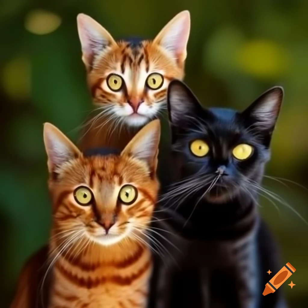 Trio of cats including Somali, orange tabby munchkin, and one-eyed ...