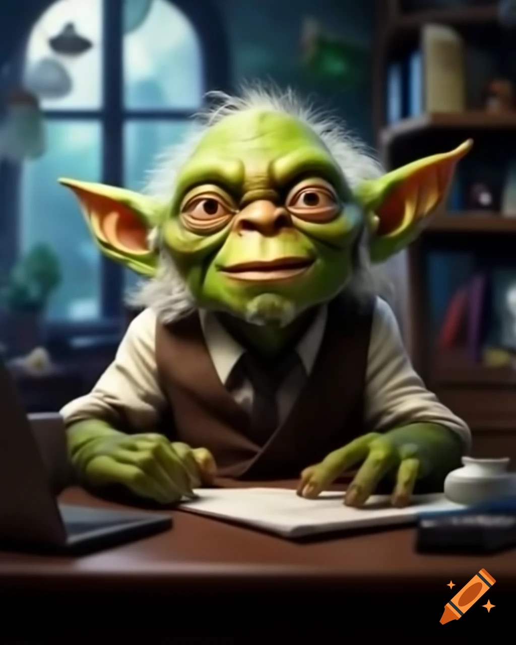 Cheerful green-skinned goblin receptionist in whimsical office on Craiyon