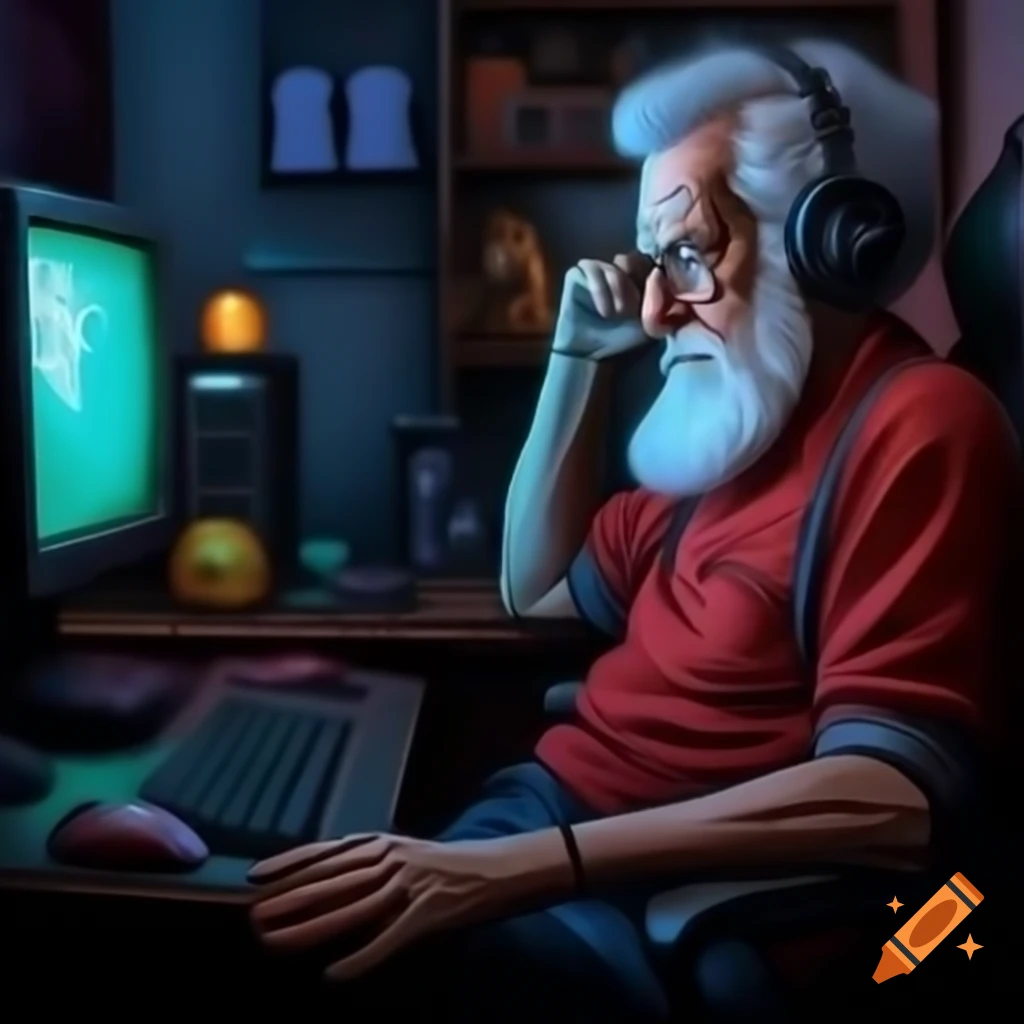 Elderly man with white hair and beard sitting in front of gaming PC on ...