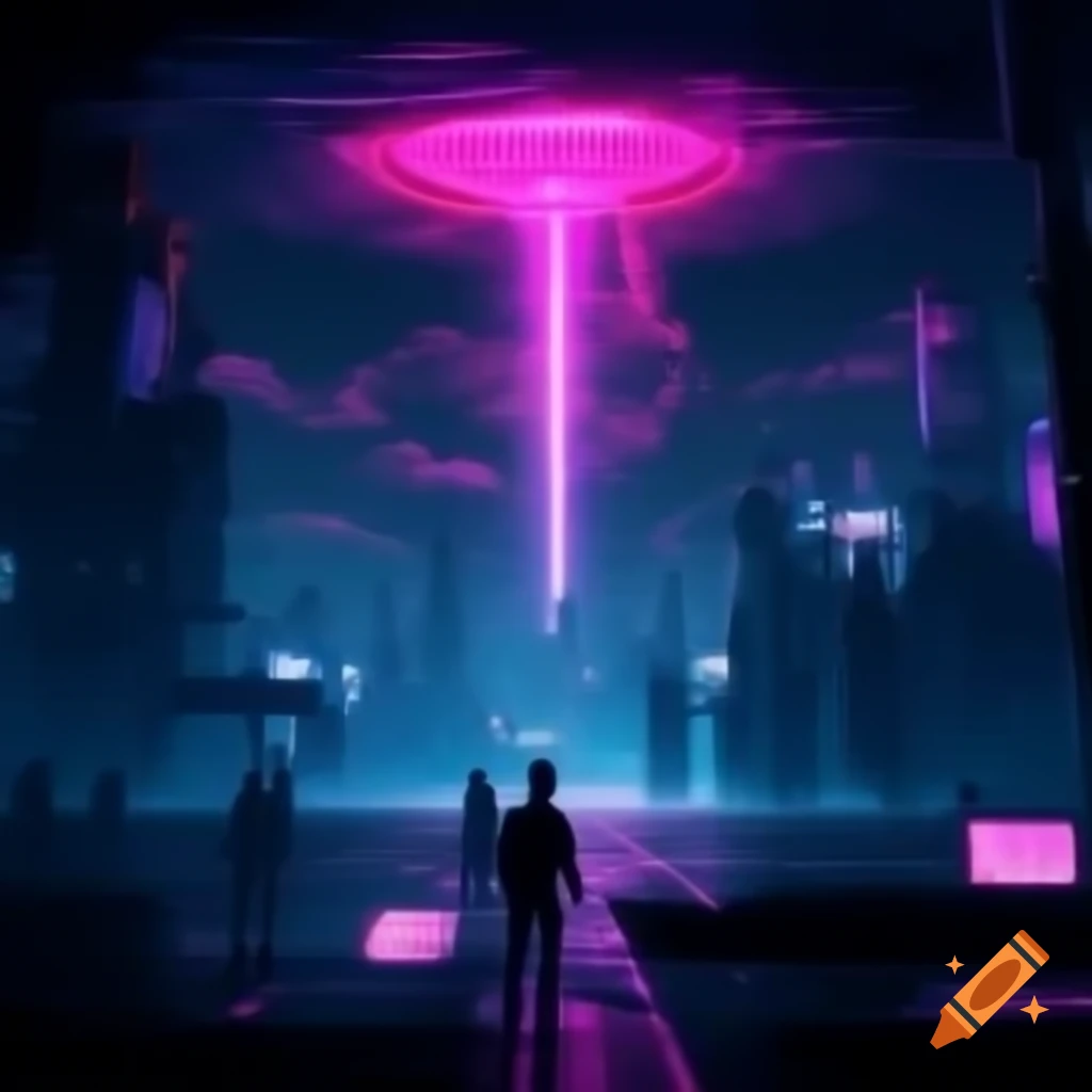 Futuristic mothership descending with neon lights over synthwave city ...