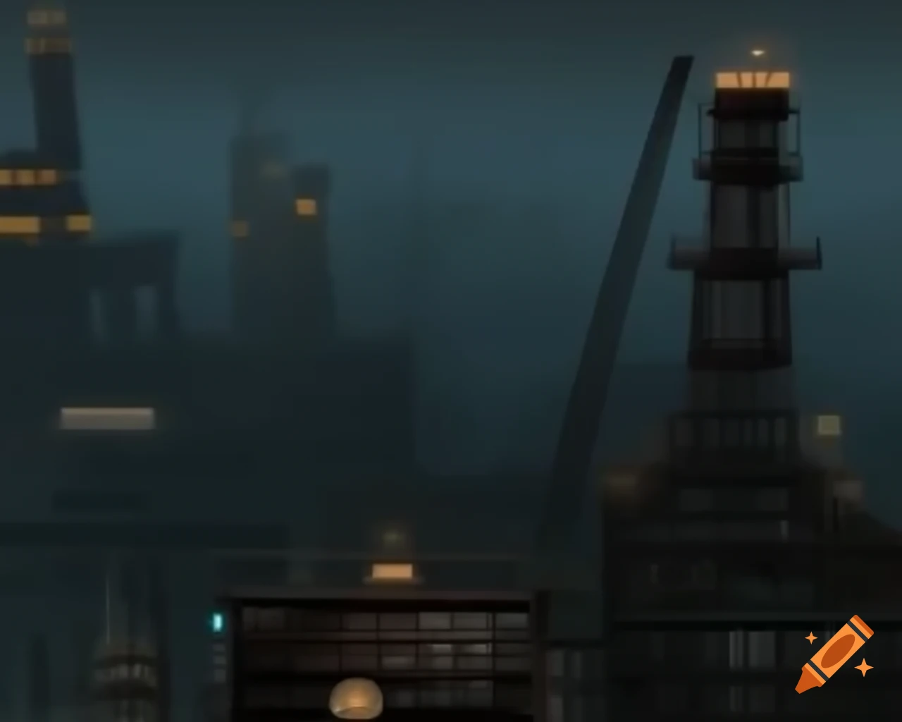 Foggy industrial background for platformer game with towering rusted ...