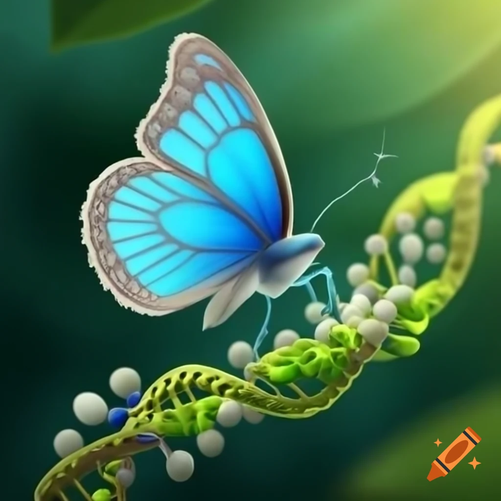 Blue butterfly with CRISPR design landing on DNA helix on Craiyon
