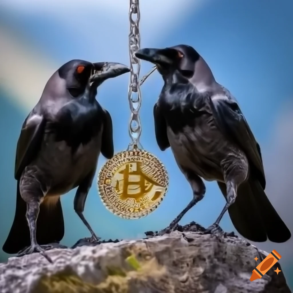 Crows with red eyes and silver chain holding bitcoins on mountain on ...