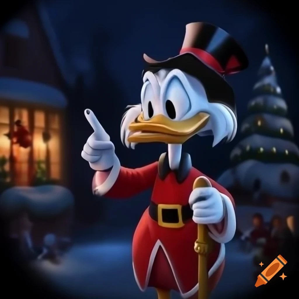 Ghost of Christmas Past pointing at Ebenezer Scrooge with festive scene ...