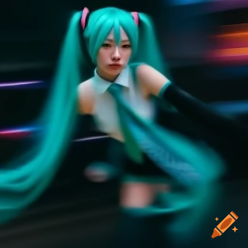 35mm photo of miku hatsune in motion blur with neon fog and blade ...