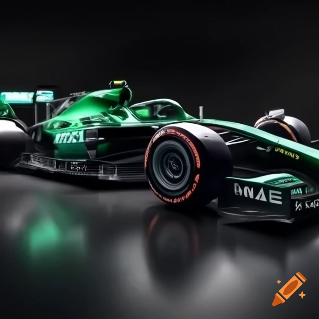 Sleek dark green Formula 1 car with Solventum logo ready for a race on ...