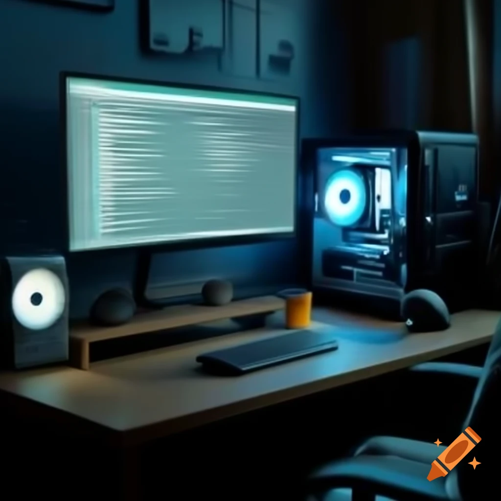 Desk with PC and external hard drive, monitor displaying text ...