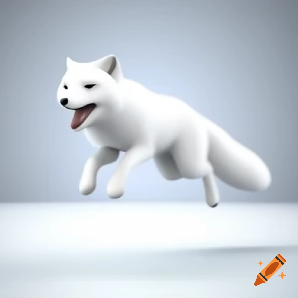 Realistic 3D arctic fox jumping and smiling in winter setting on Craiyon
