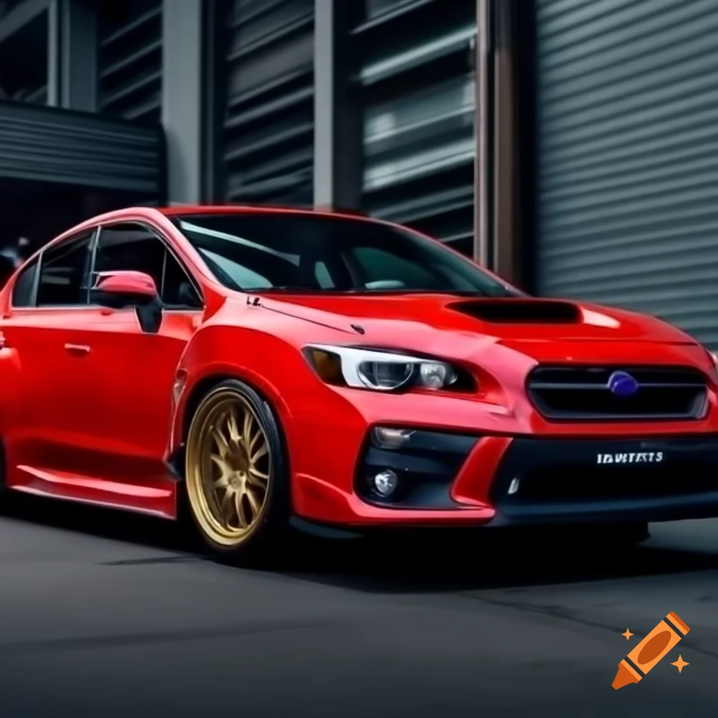 Red Subaru WRX STI with gold wheels in three-quarter view on Craiyon