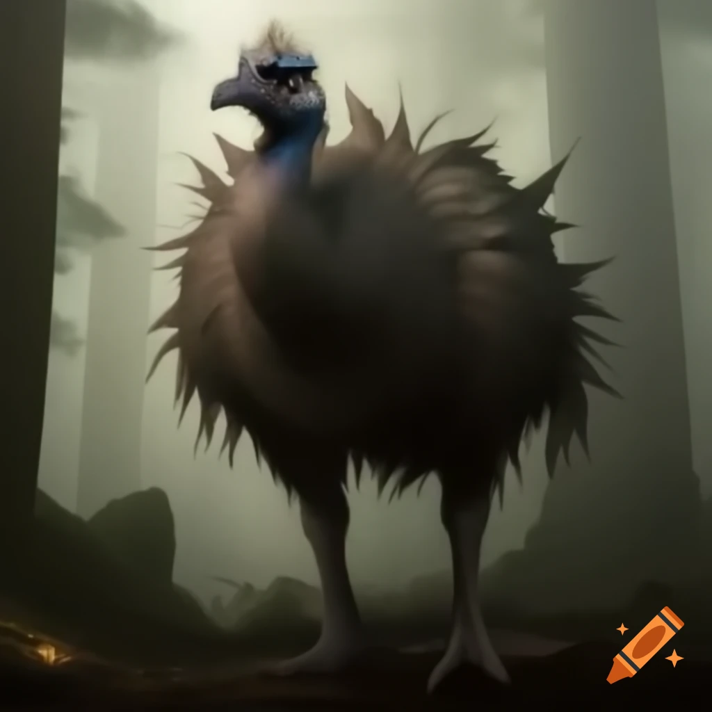 Colossal Moa emerging from misty forest like Yu-Gi-Oh! monster on Craiyon