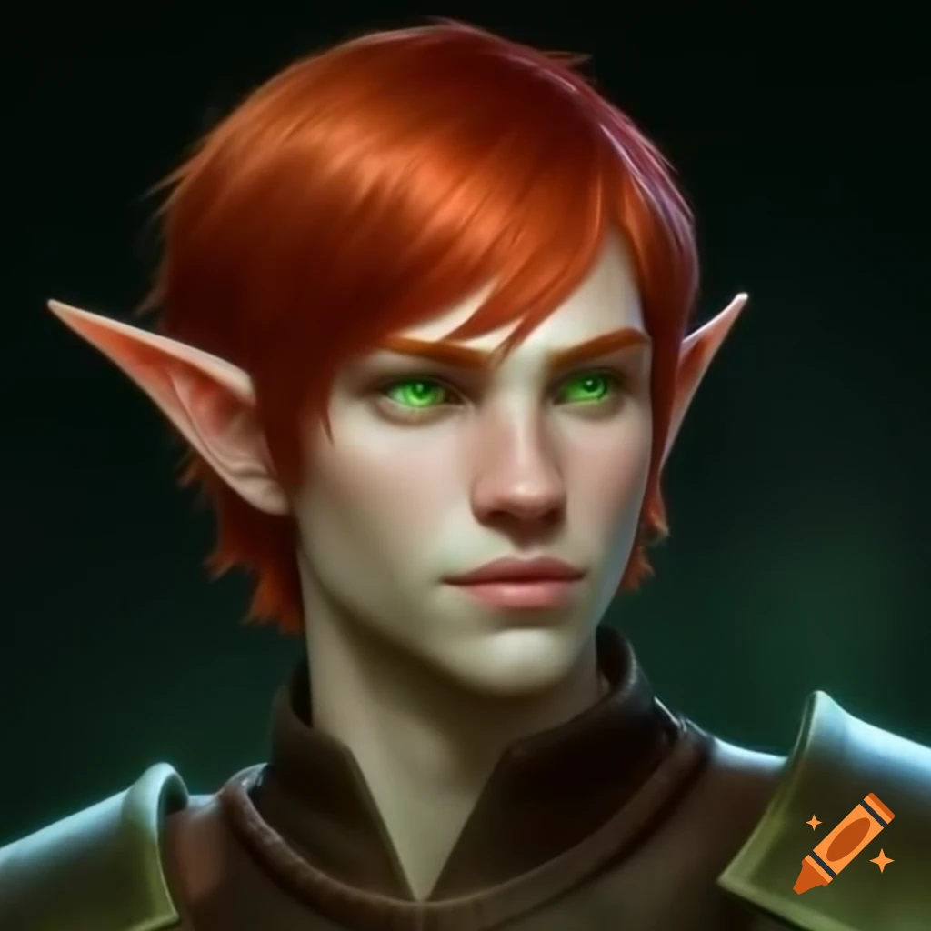 Male wood elf with short red hair and green-tinted skin in leather ...