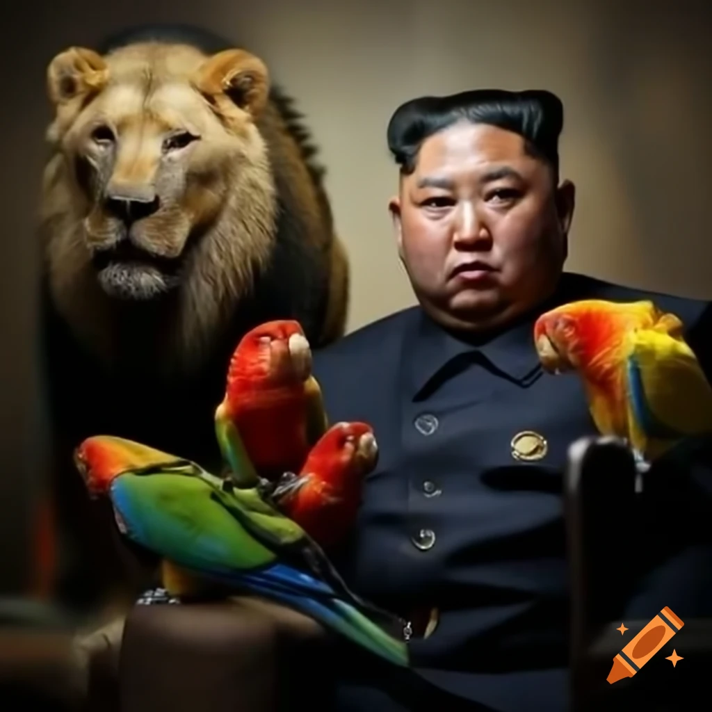 Putin and kim jong un posing with a lion, bear, and cockatoos in hyper ...