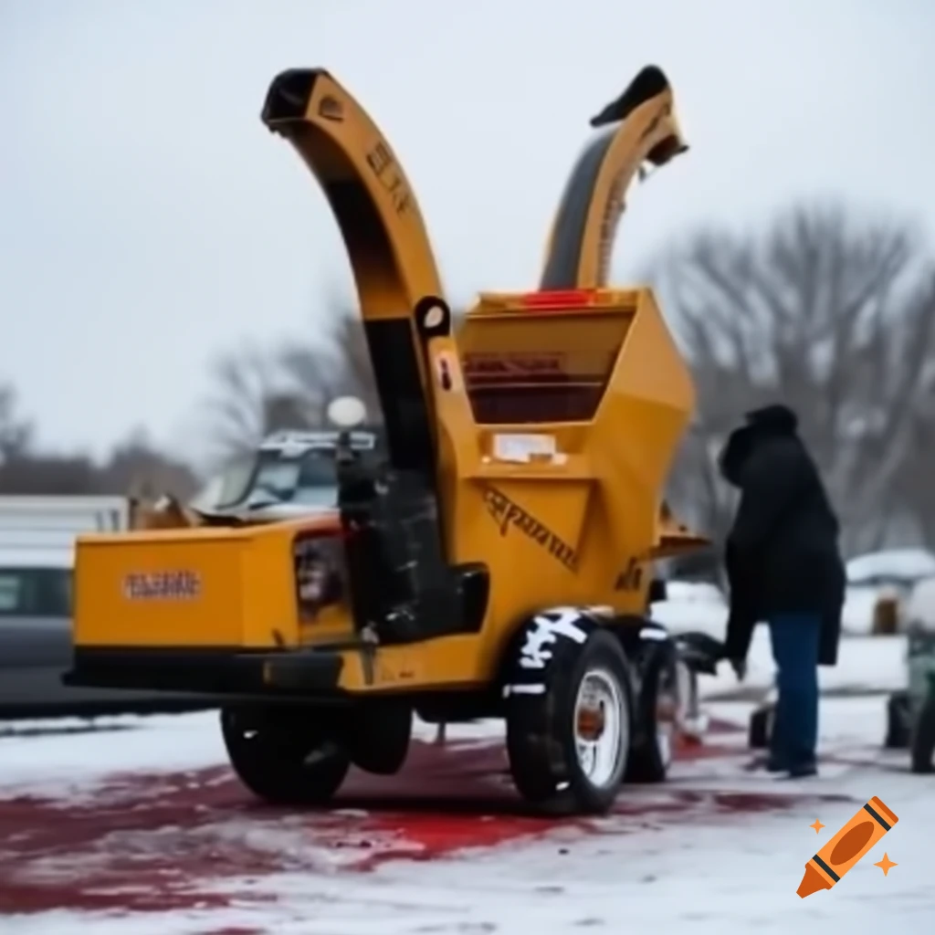 Commercial wood chipper in snow with red markings on the ground on Craiyon