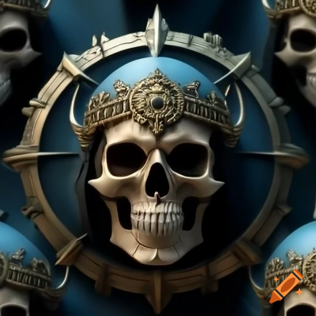Silver skull with gold teeth within medieval blue helmet, ornate design ...