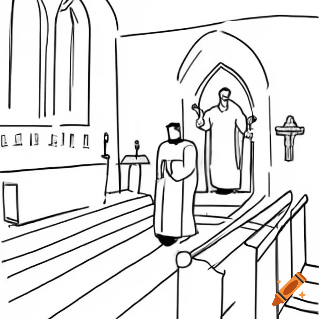 Simple line drawing of priest walking down altar in catholic church ...