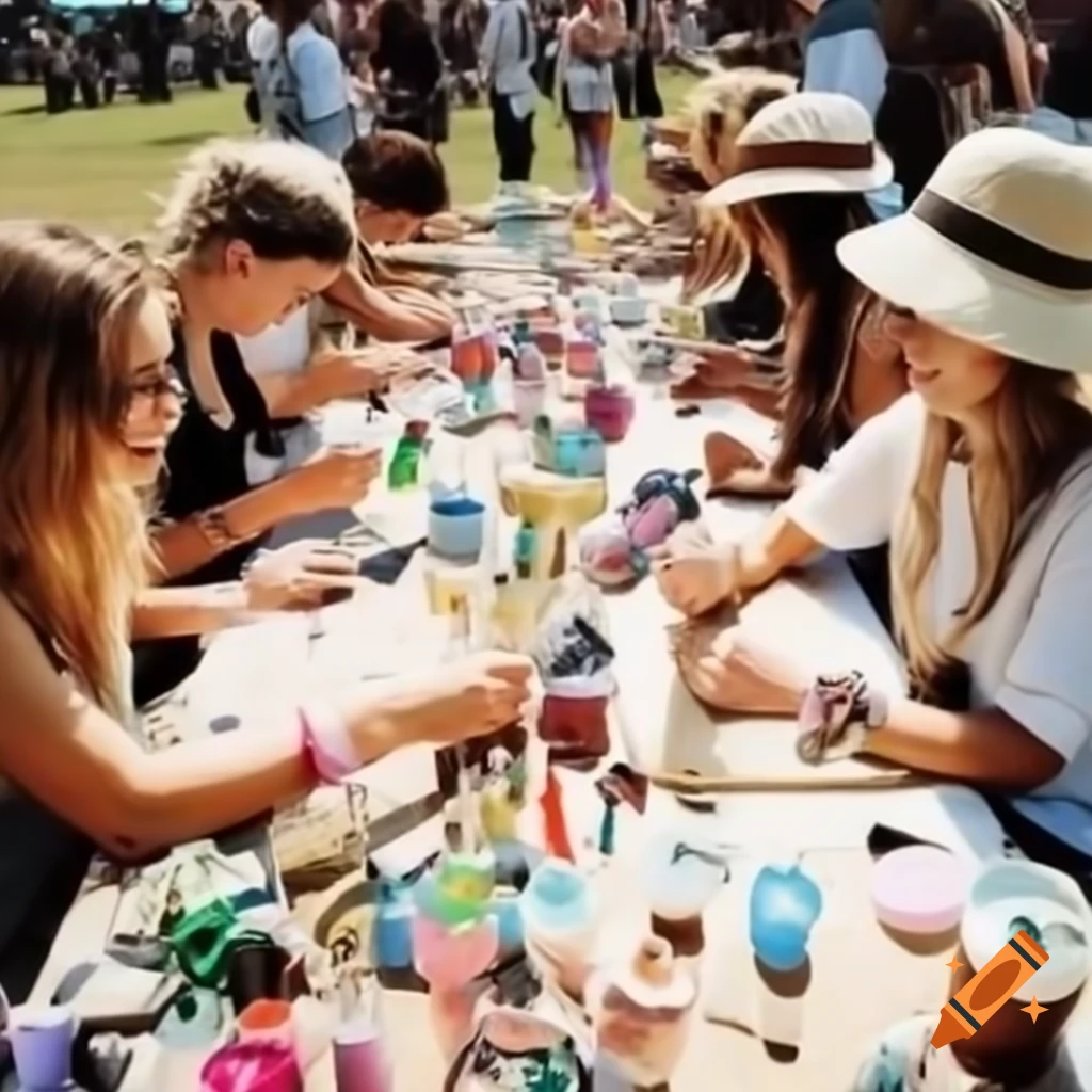 Crafting corner at outdoor festival with colorful supplies and ...