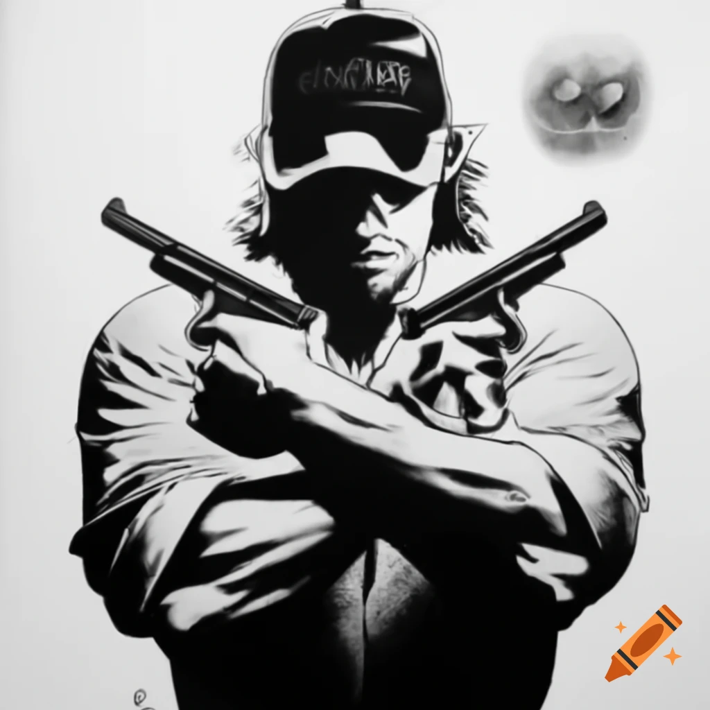 Dramatic comic drawing of man with guns crossed and baker boy cap on ...
