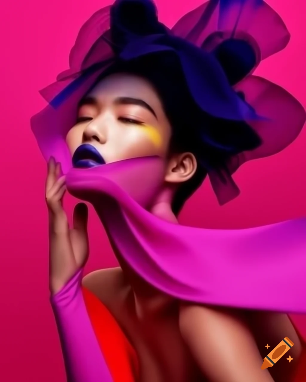Futuristic ethereal supermodel in avant-garde attire against vibrant ...