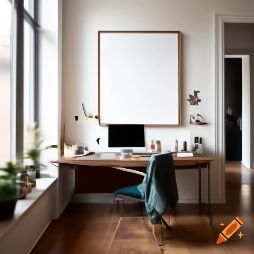 Modern home office with sleek wooden desk and cozy chair near large ...