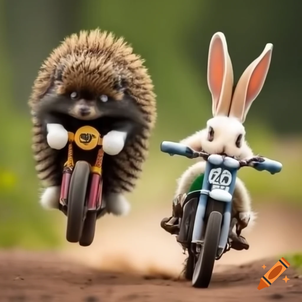 Hedgehog and rabbit riding together on motocross motorcycle on Craiyon
