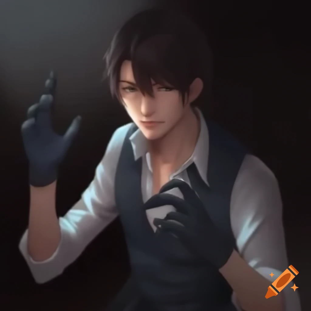 Anime butler with gloves in a playful dancing pose on Craiyon