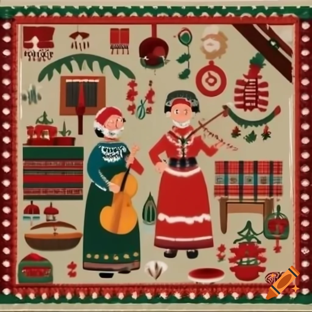 Scandinavian folk art Christmas scene with violin, food, and furniture ...
