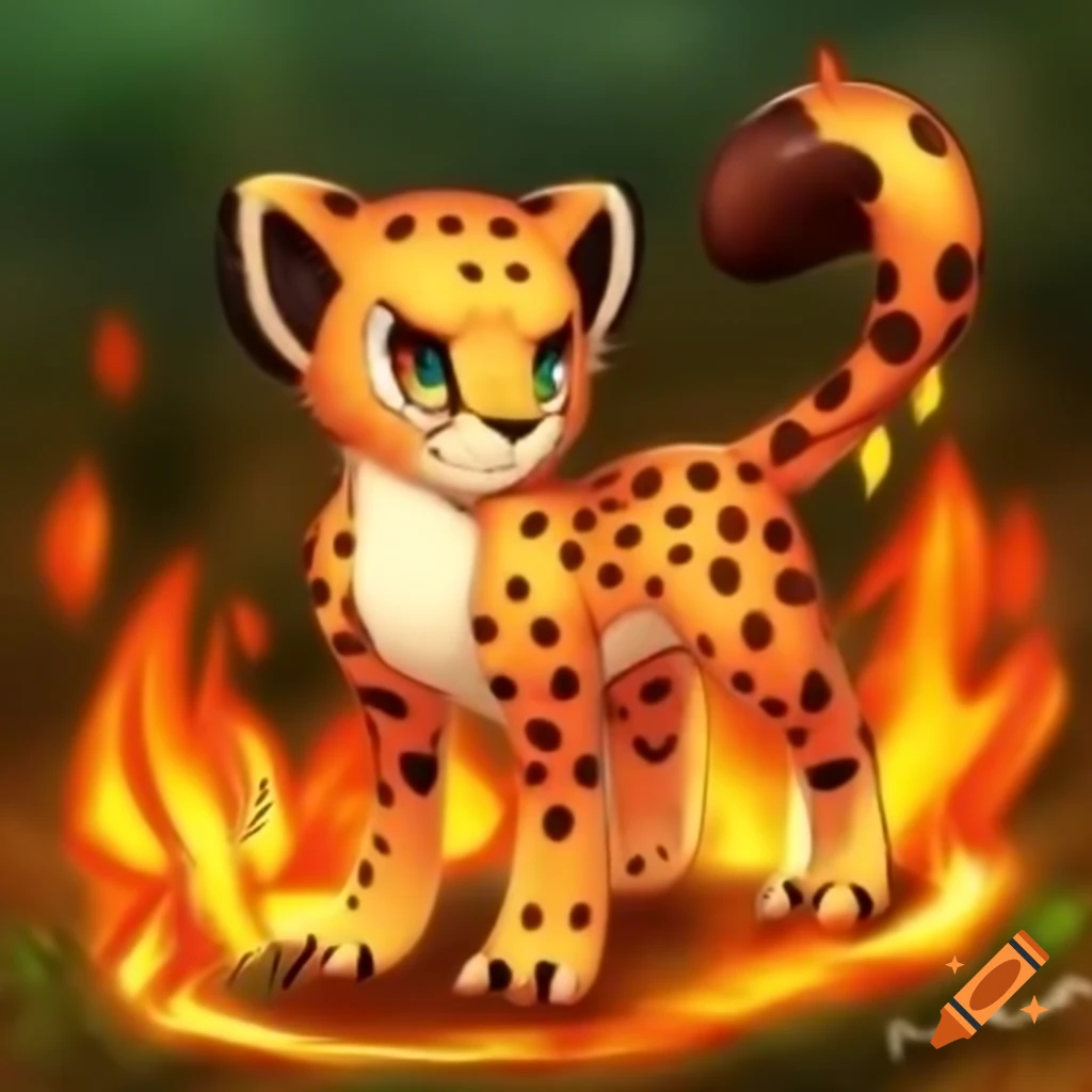 Small fire-type cheetah-like pokemon character on Craiyon