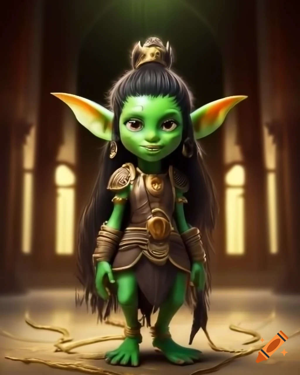 Young green-skinned goblin princess in gold chains striking an elegant ...