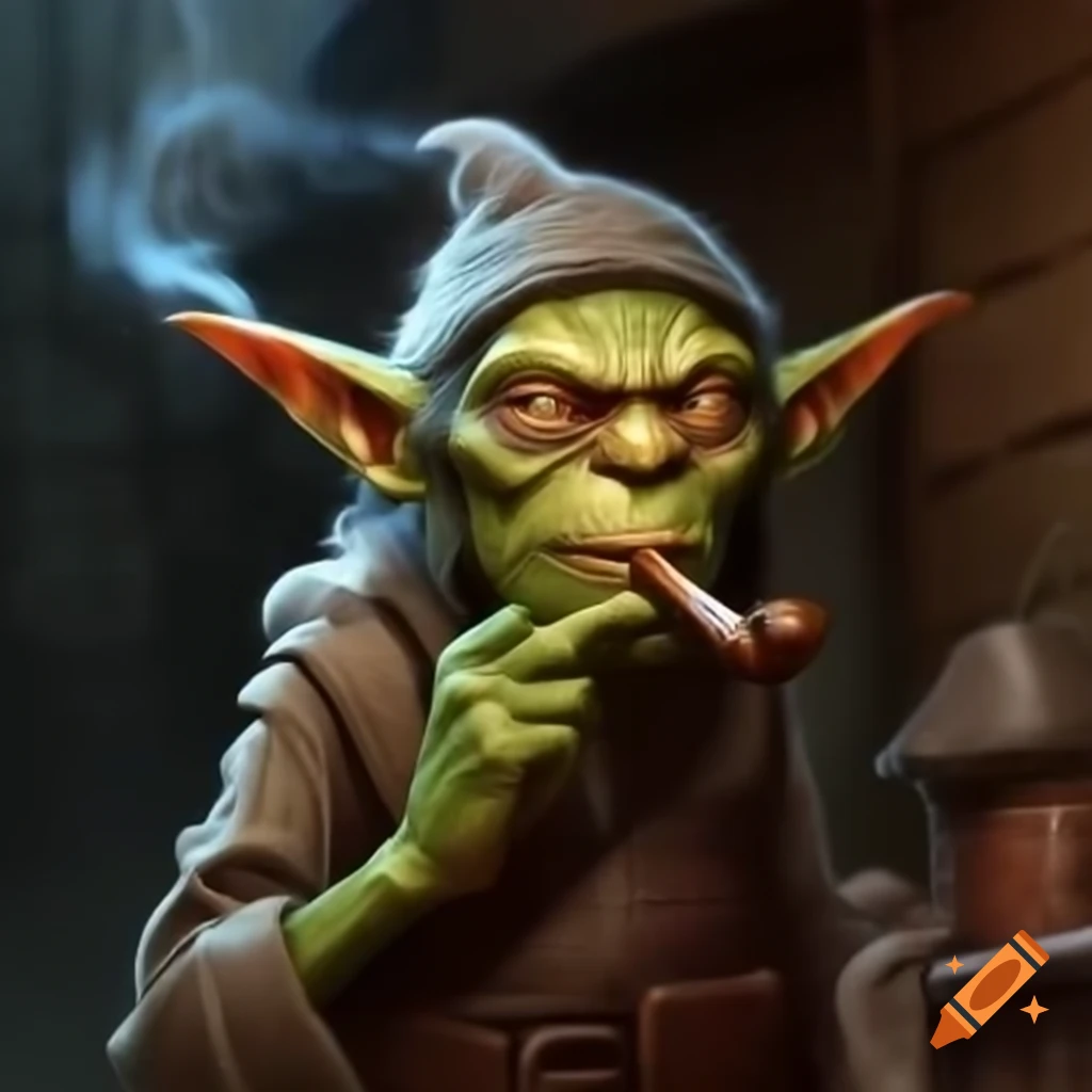 Goblin smoking a pipe in a dimly lit alley on Craiyon